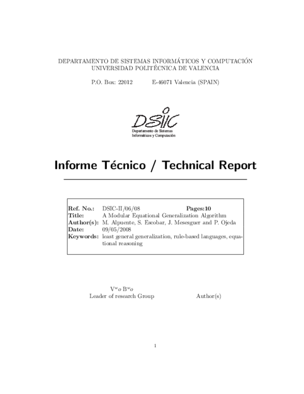 Pdf A Modular Equational Generalization Algorithm