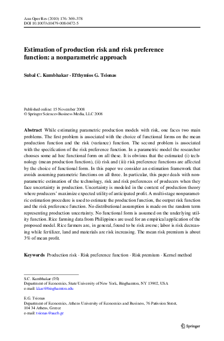 (PDF) Estimation of production risk and risk preference function: a nonparametric approach