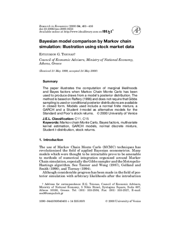 Pdf Bayesian Model Comparison Via Mcmc For Stock Market Analysis