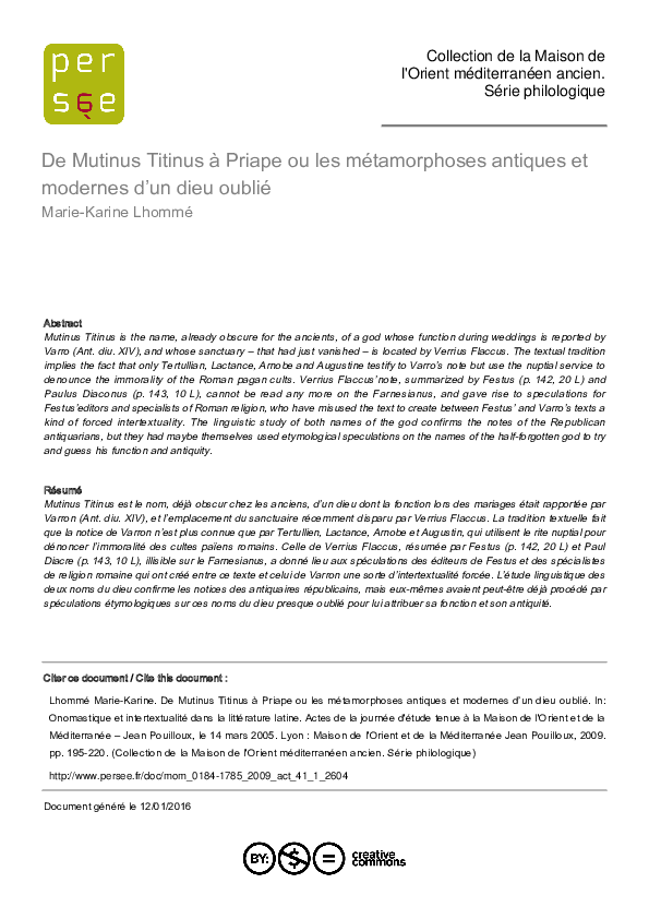 (PDF) 2009c, « De Mutinus Titinus à Priape : la métamorphose d’un dieu ...