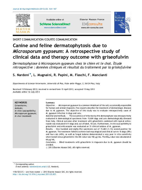 (PDF) Canine and feline dermatophytosis due to microsporum gypseum: A ...