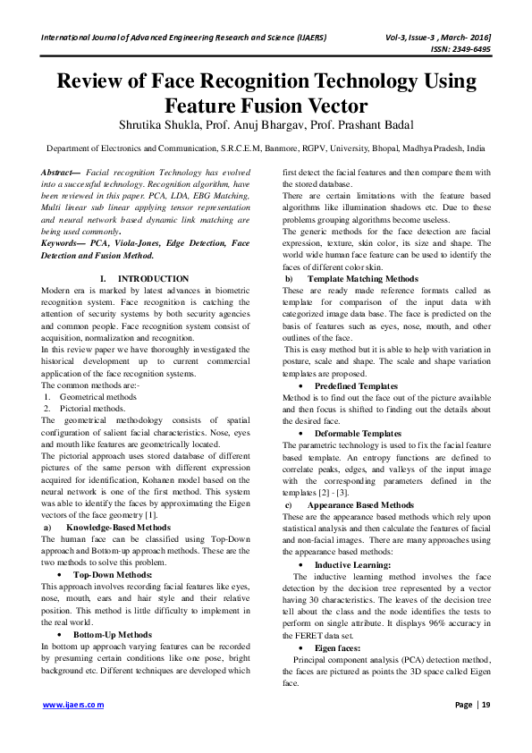 Review of Face Recognition Technology Using Feature Fusion Vector