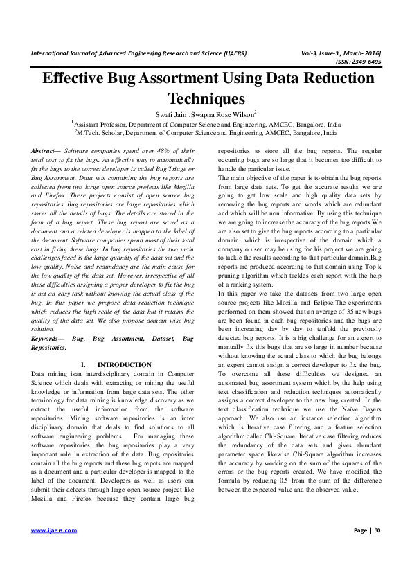 Effective Bug Assortment Using Data Reduction Techniques