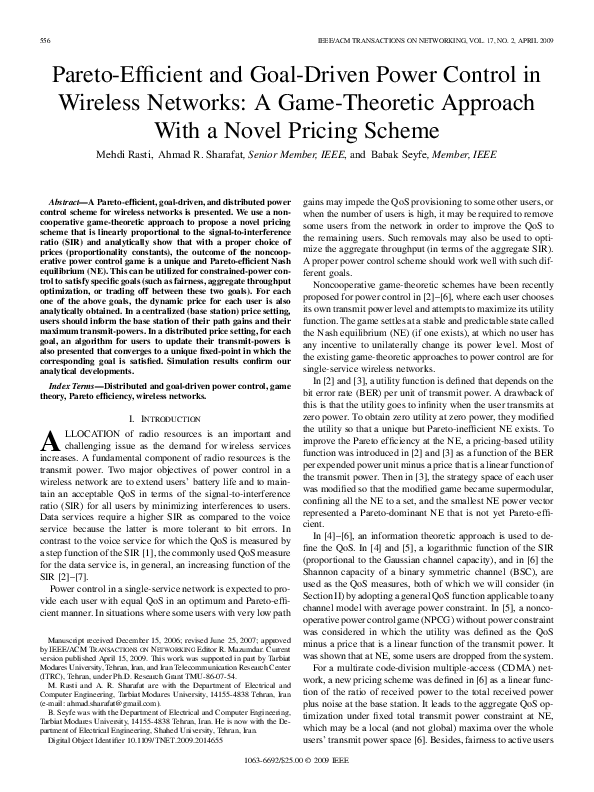 (PDF) Pareto-Efficient and Goal-Driven Power Control in Wireless Networks: A Game-Theoretic ...