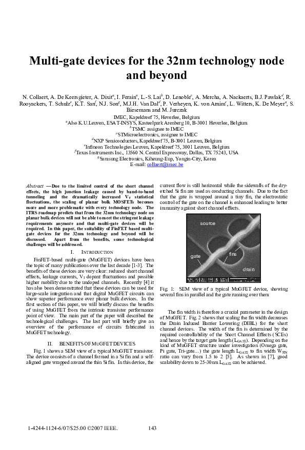 (PDF) Multi-gate devices for the 32nm technology node and beyond