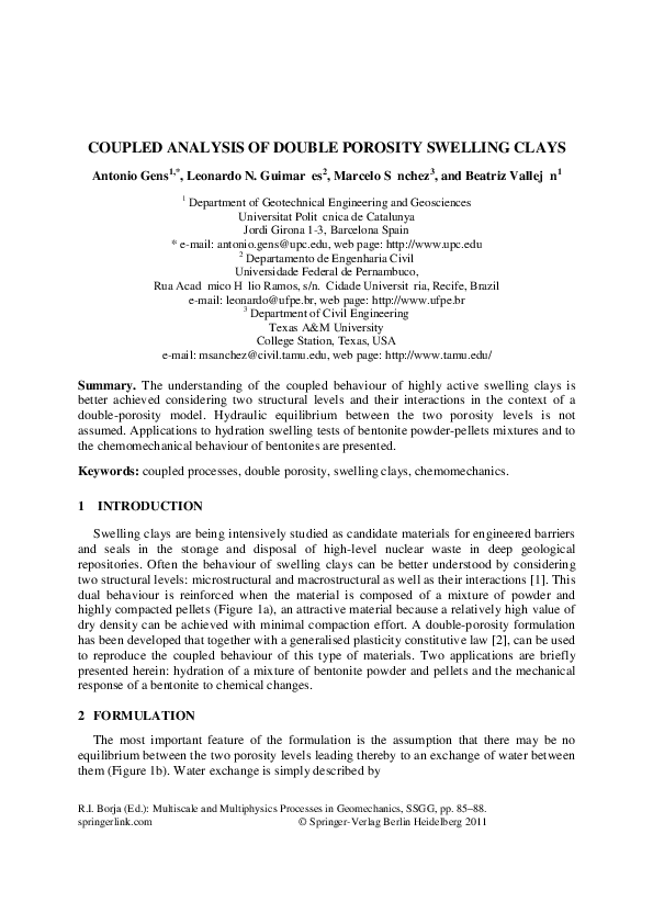 Pdf Coupled Analysis Of Double Porosity Swelling Clays