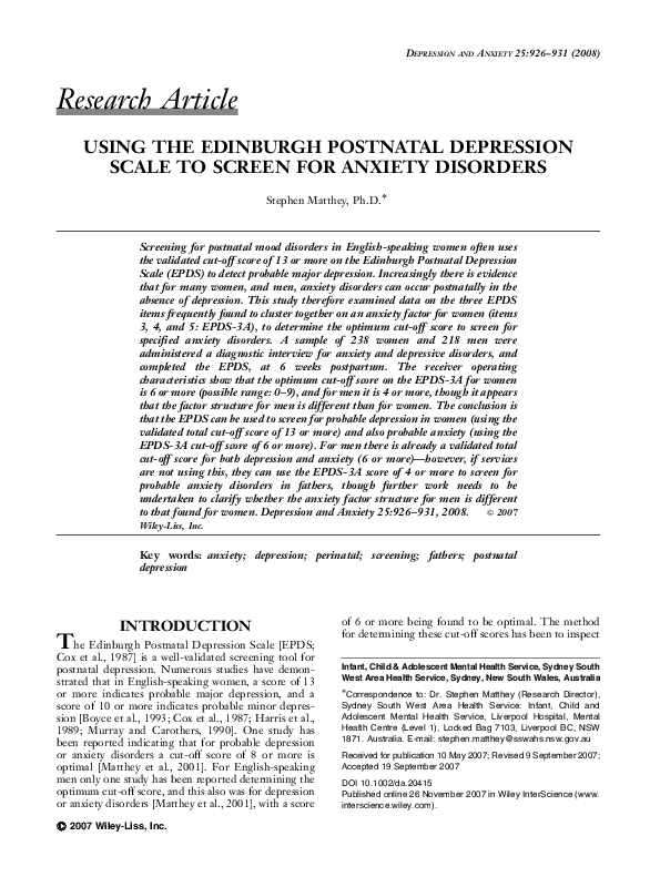(PDF) EPDS as a Tool for Screening Postnatal Anxiety Disorders