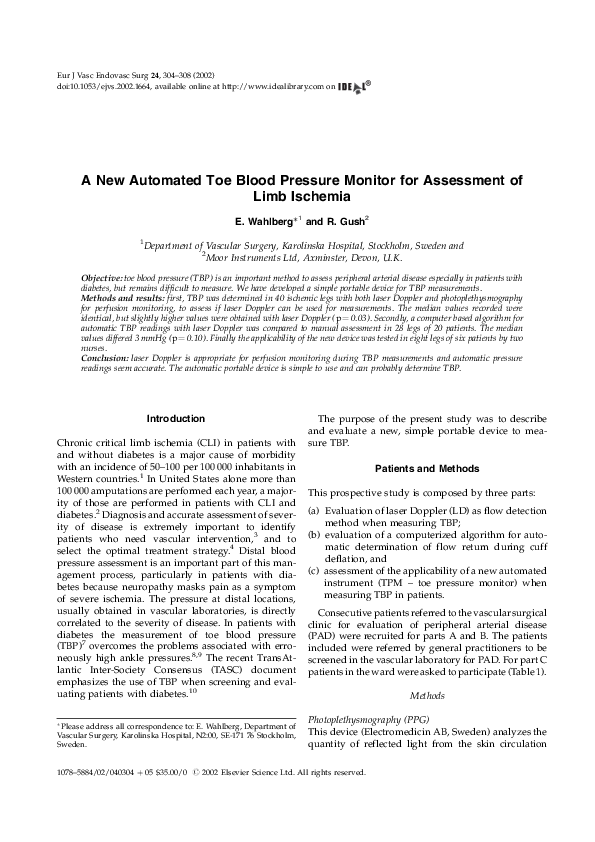 (PDF) A New Automated Toe Blood Pressure Monitor for Assessment of Limb ...