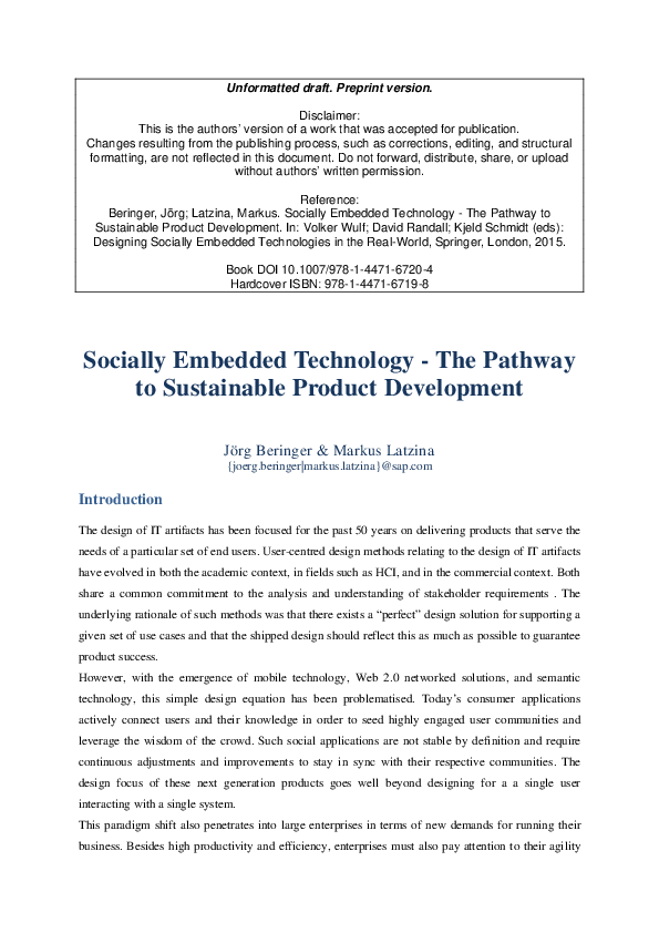 (PDF) Socially Embedded Technology: The Pathway to Sustainable Product ...