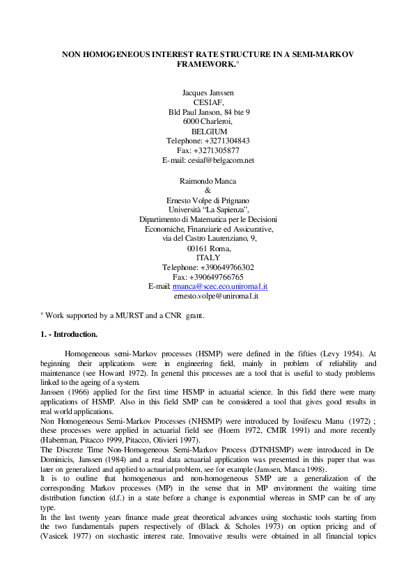 (PDF) NON HOMOGENEOUS INTEREST RATE STRUCTURE IN A SEMI-MARKOV FRAMEWORK