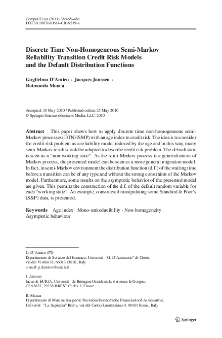 (PDF) Discrete Time Non-Homogeneous Semi-Markov Reliability Transition Credit Risk Models and ...