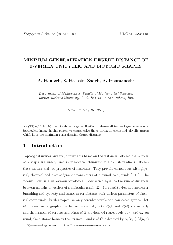 (PDF) MINIMUM GENERALIZATION DEGREE DISTANCE OF n-VERTEX UNICYCLIC AND BICYCLIC GRAPHS