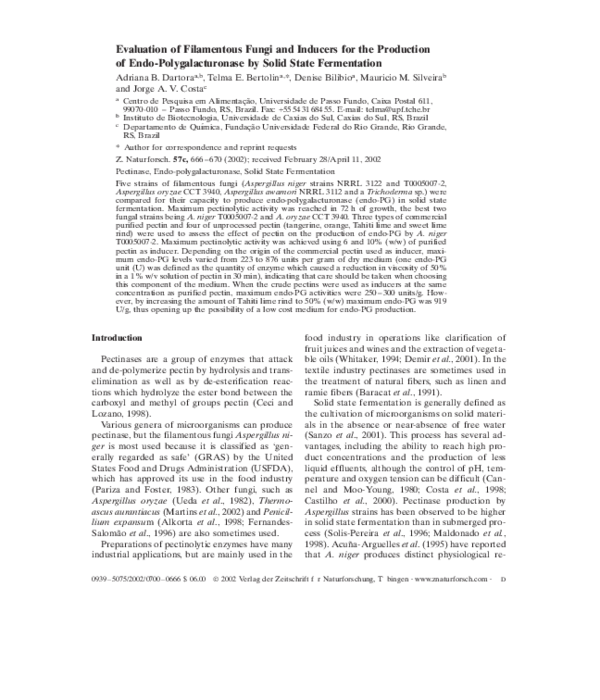 Pdf Evaluation Of Filamentous Fungi And Inducers For The Production Of Endo Polygalacturonase