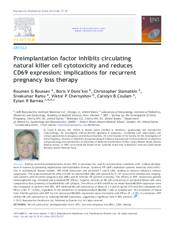 (PDF) Preimplantation factor inhibits circulating natural killer cell ...