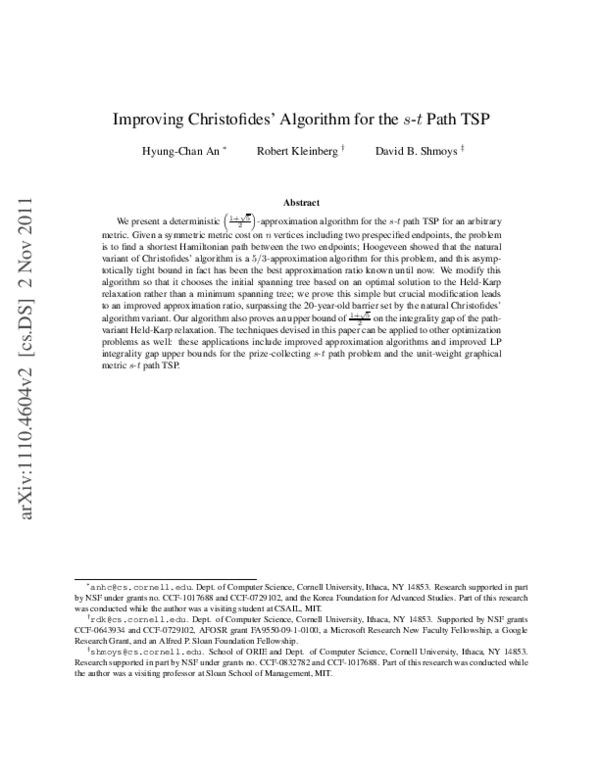 (PDF) Improving Christofides' Algorithm for the st Path TSP