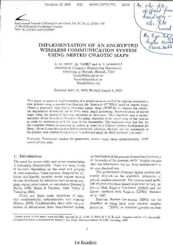 Pdf Implementation Of An Encrypted Wireless Communication System Using Nested Chaotic Maps