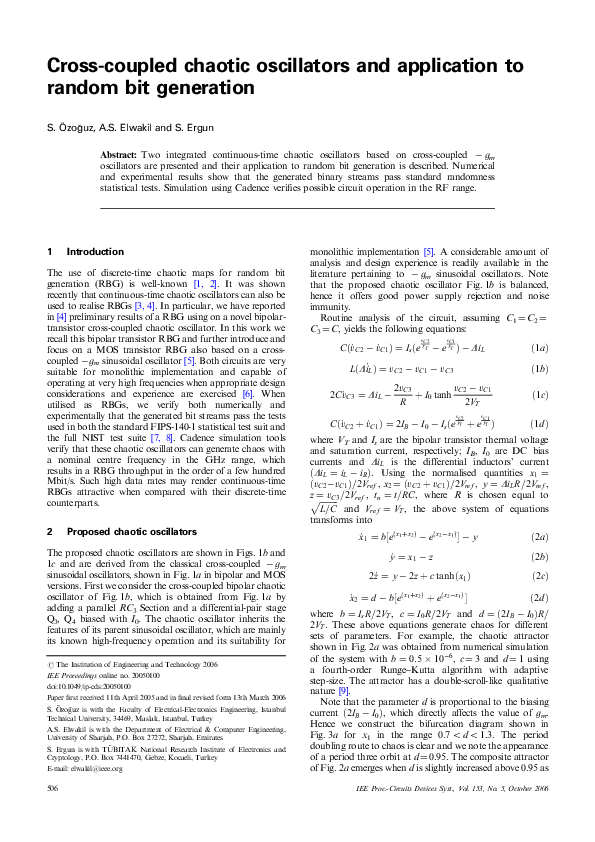 (PDF) Cross-coupled chaotic oscillators and application to random bit generation