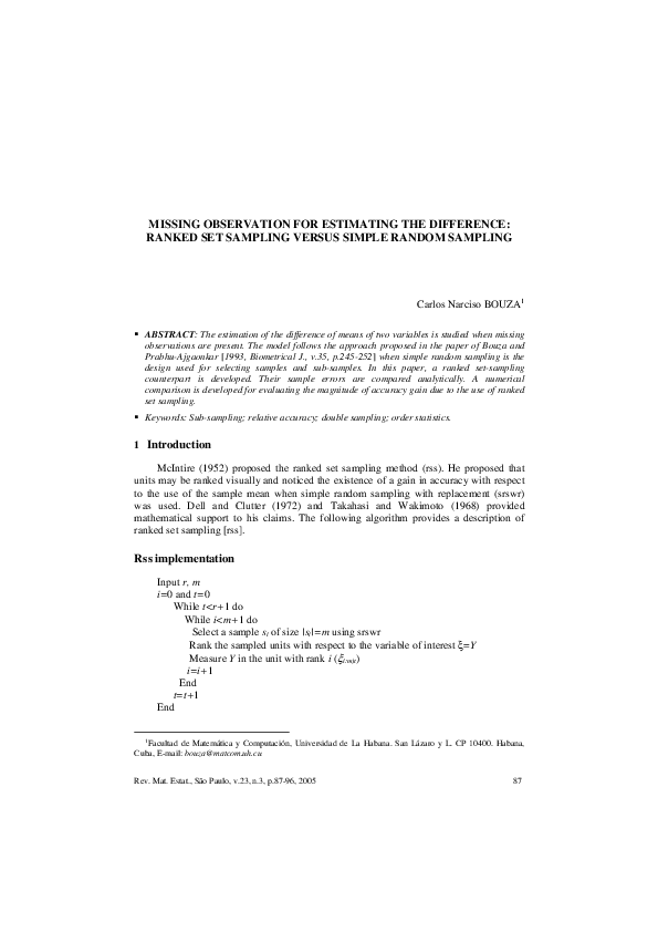 (PDF) MISSING OBSERVATION FOR ESTIMATING THE DIFFERENCE: RANKED SET SAMPLING VERSUS SIMPLE ...
