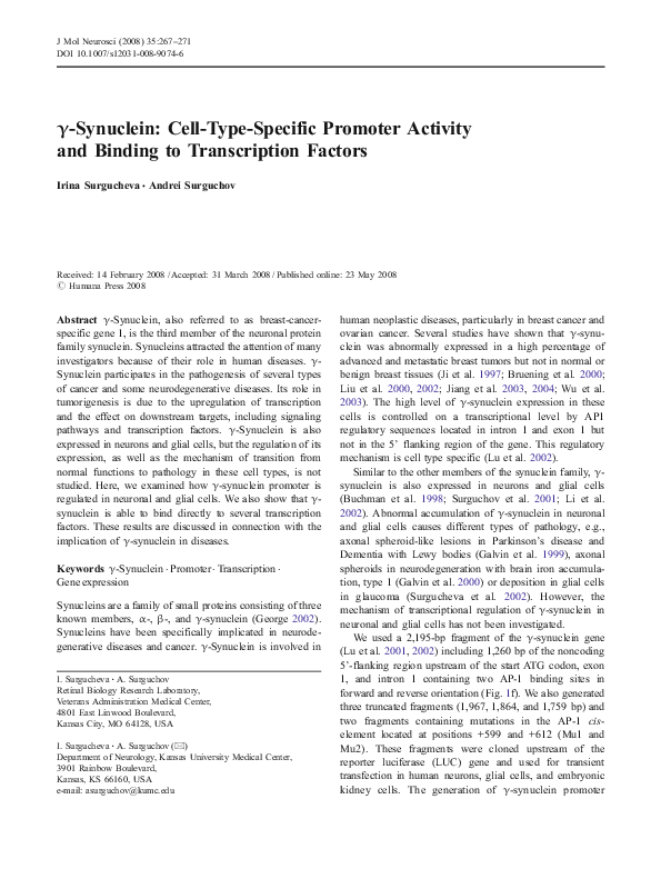(PDF) γ-Synuclein: Cell-Type-Specific Promoter Activity and Binding to ...