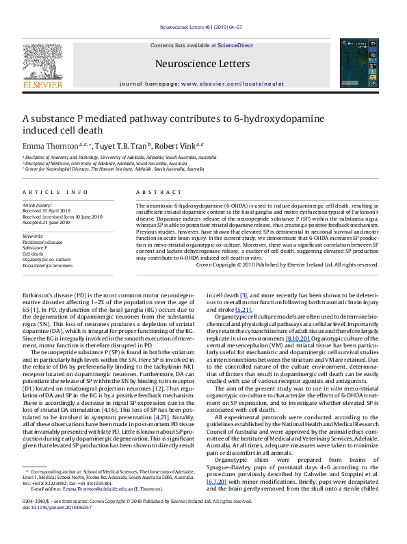 (PDF) A substance P mediated pathway contributes to 6-hydroxydopamine ...