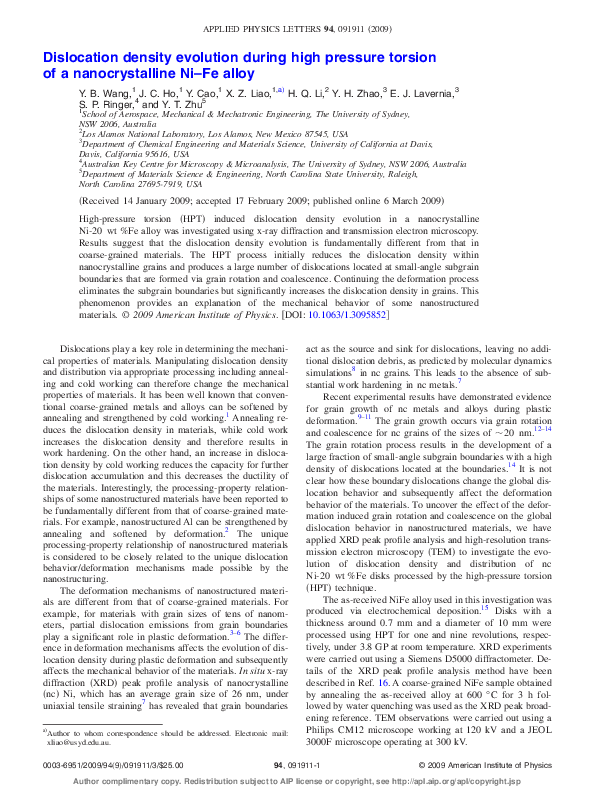 (PDF) Dislocation density evolution during high pressure torsion of a ...