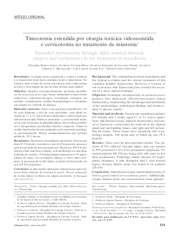 (PDF) Timectomia estendida por cirurgia torácica videoassistida e ...