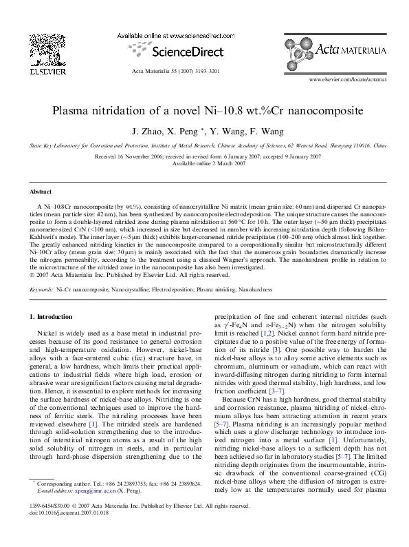 (PDF) Plasma nitridation of a novel Ni–10.8wt.%Cr nanocomposite