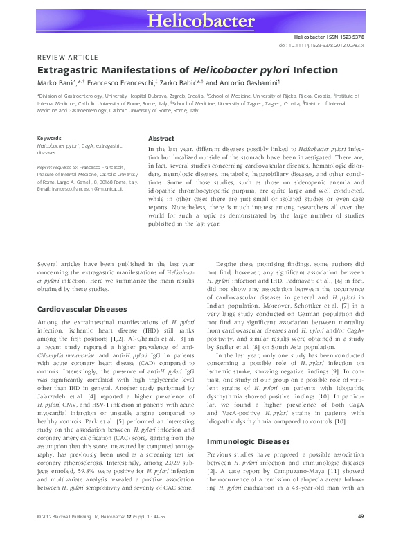 (PDF) Extragastric Manifestations of Helicobacter pylori Infection