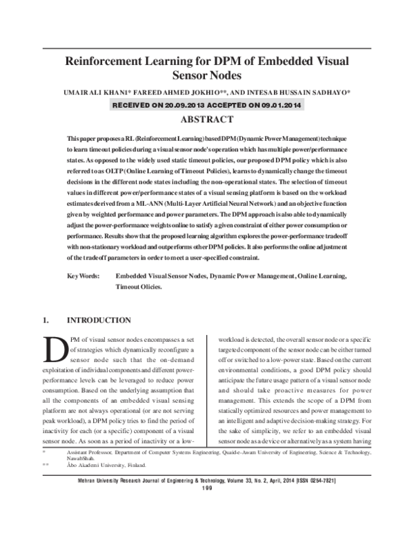 (PDF) Reinforcement Learning for DPM of Embedded Visual Sensor Nodes
