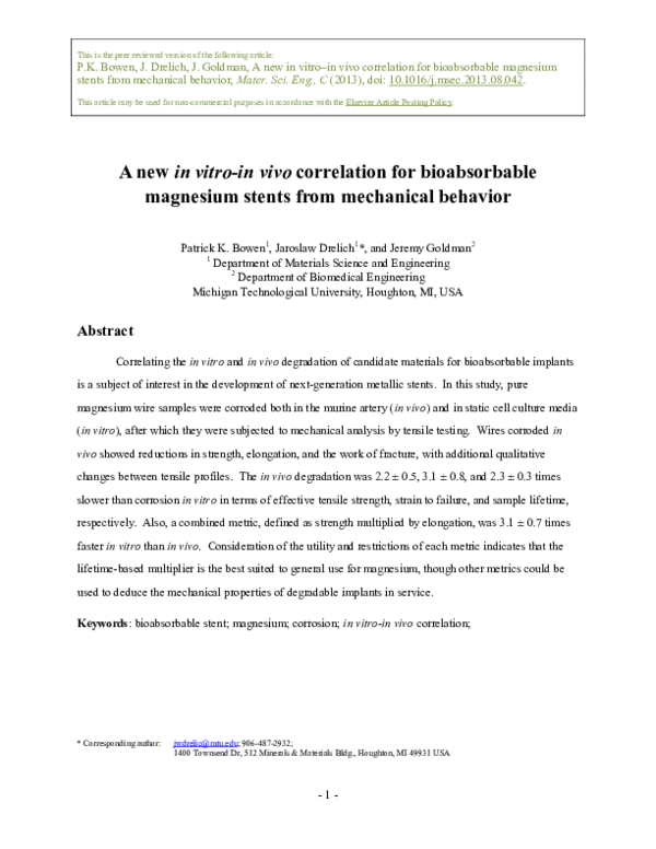(PDF) A new in vitro-in vivo correlation for bioabsorbable magnesium ...