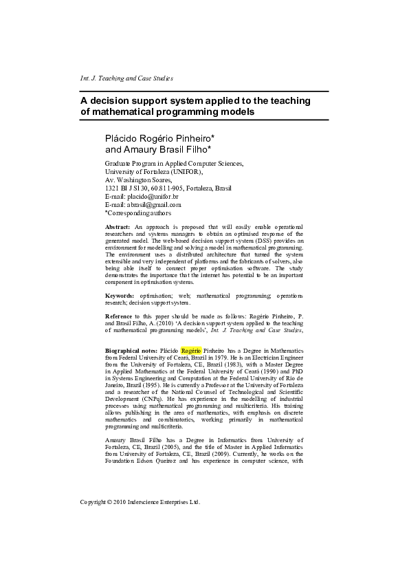 Pdf A Decision Support System Applied To The Teaching Of Mathematical Programming Models