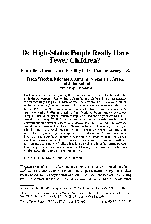 (PDF) Do high-status people really have fewer children?