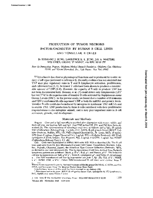 (PDF) Production of tumor necrosis factor/cachectin by human B cell ...