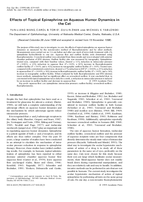 (PDF) Effects of Topical Epinephrine on Aqueous Humor Dynamics in the Cat