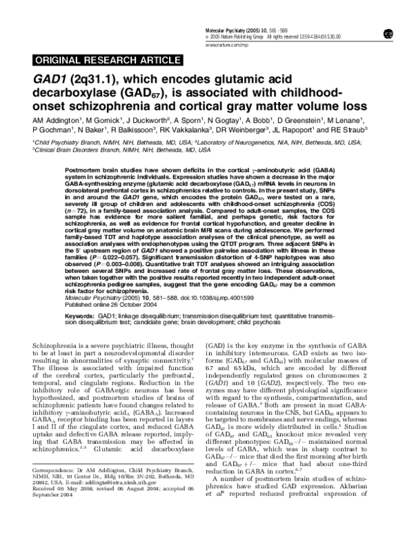 (PDF) GAD1 (2q31.1), which encodes glutamic acid decarboxylase (GAD67 ...