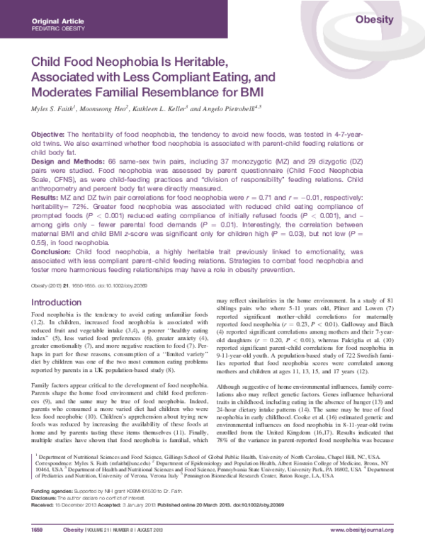 (PDF) Child food neophobia is heritable, associated with less compliant ...