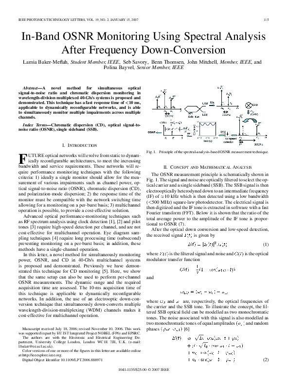 Pdf In Band Osnr Monitoring Using Spectral Analysis After Frequency