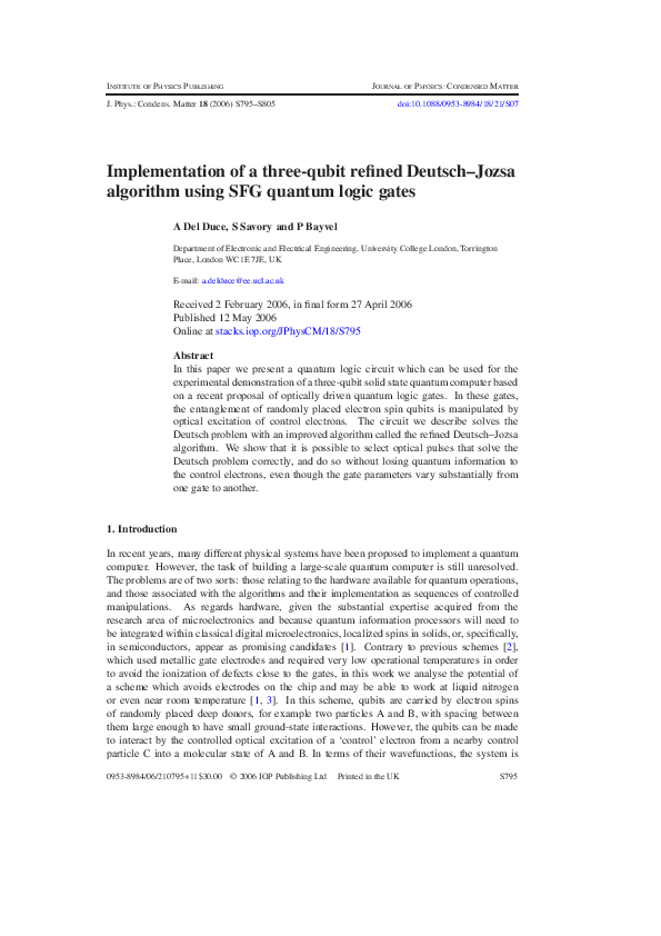 Pdf Implementation Of A Three Qubit Refined Deutschjozsa Algorithm Using Sfg Quantum Logic Gates