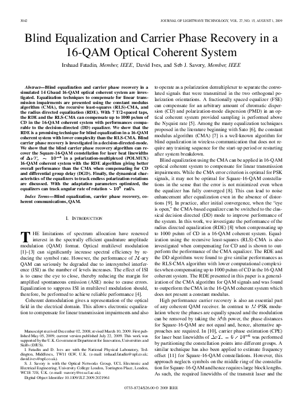 Pdf Blind Equalization And Carrier Phase Recovery In A 16 Qam Optical Coherent System