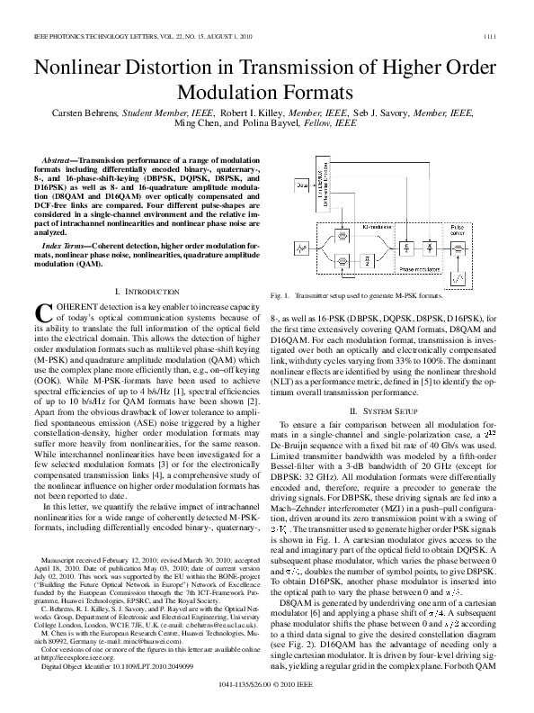 Pdf Nonlinear Distortion In Transmission Of Higher Order Modulation Formats