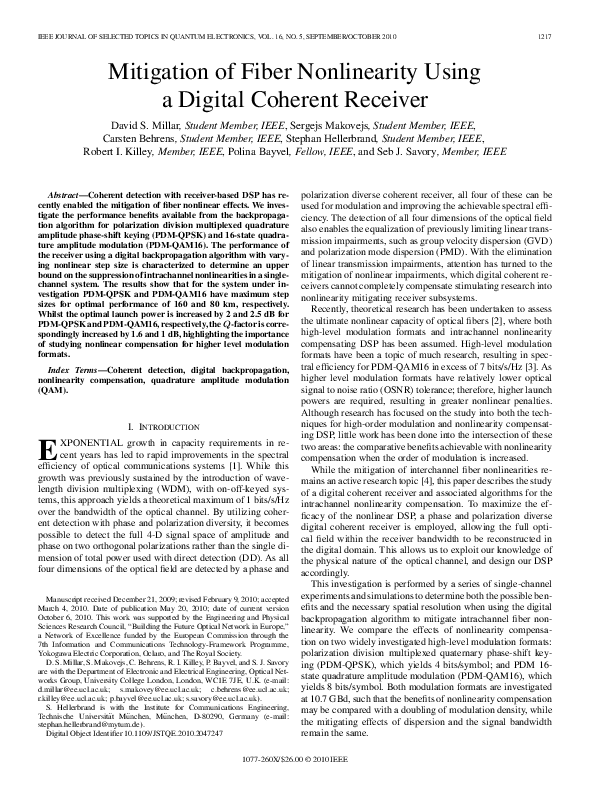 (PDF) Mitigation of Fiber Nonlinearity Using a Digital Coherent Receiver