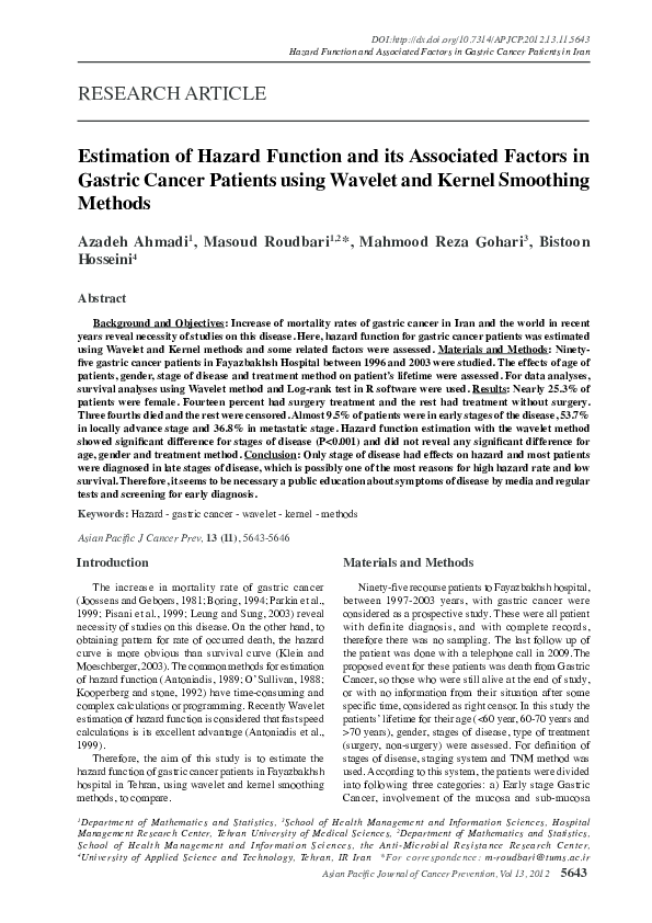 (PDF) Estimation of hazard function and its associated factors in gastric cancer patients using ...