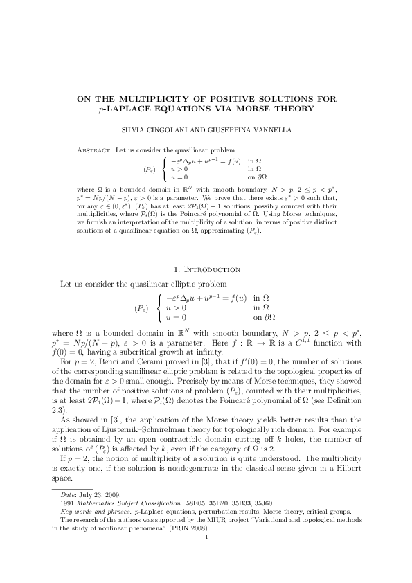(PDF) On the multiplicity of positive solutions for p-Laplace equations via Morse theory
