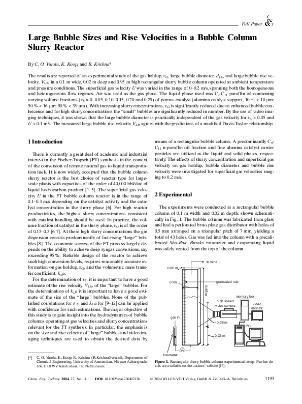 (PDF) Large Bubble Sizes and Rise Velocities in a Bubble Column Slurry Reactor