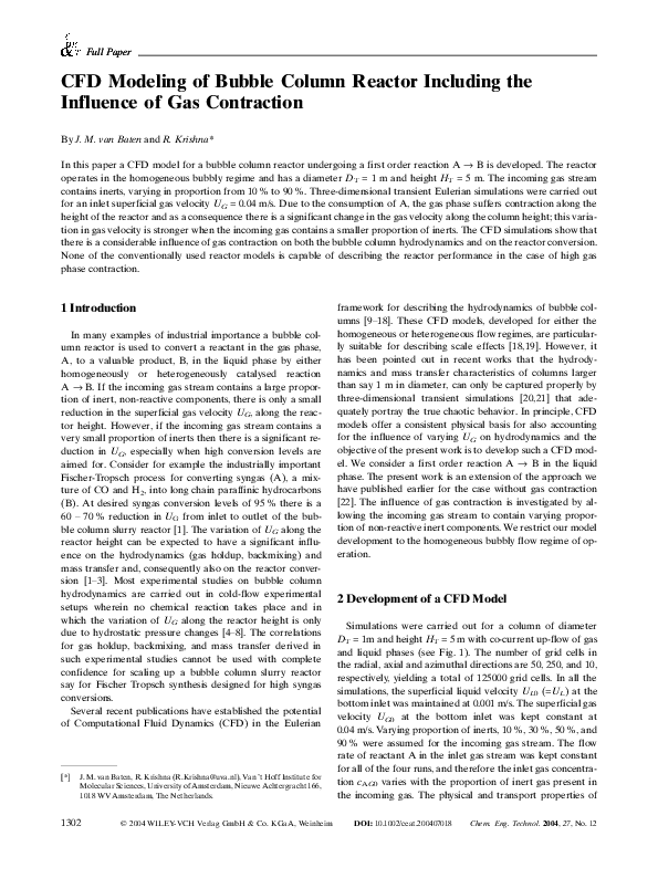(PDF) CFD Modeling of Bubble Column Reactor Including the Influence of Gas Contraction
