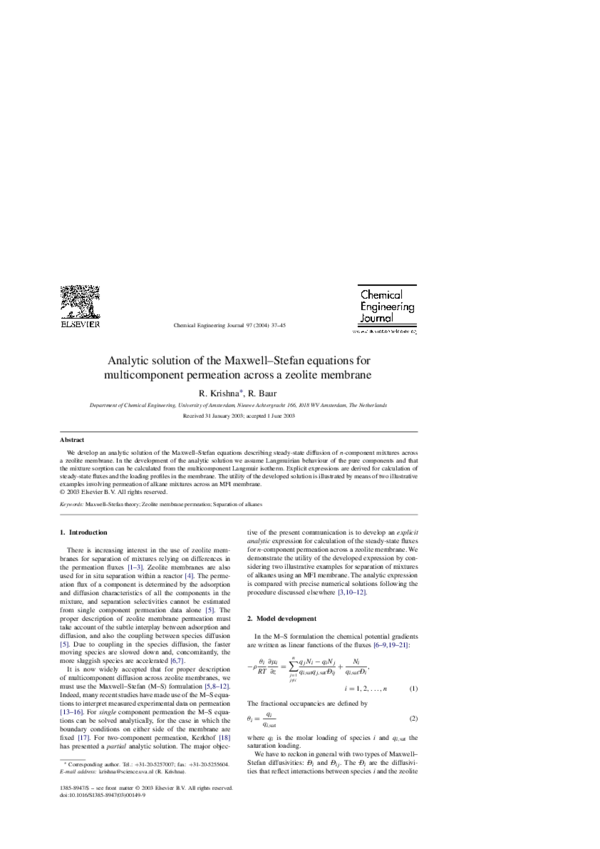(PDF) Analytic solution of the Maxwell–Stefan equations for multicomponent permeation across a ...