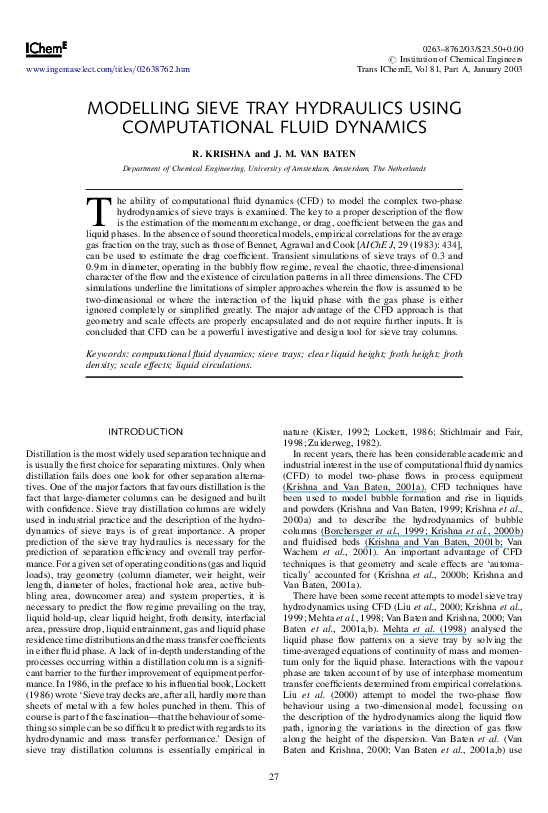 (PDF) Modelling sieve tray hydraulics using computational fluid dynamics