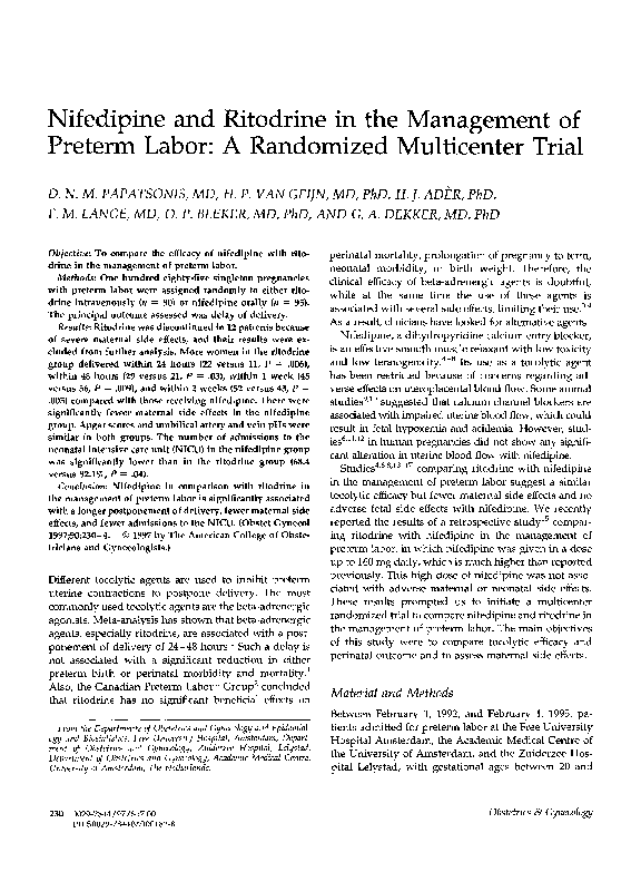 (PDF) Nifedipine and ritodrine in the management of preterm labor: A ...
