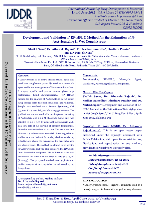 Pdf Development And Validation Of Rp Hplc Method For The Estimation Of N Acetylcysteine In