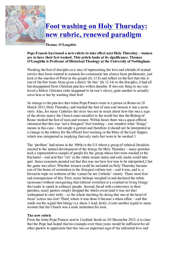 (PDF) Foot washing on Holy Thursday: new rubric, renewed paradigm